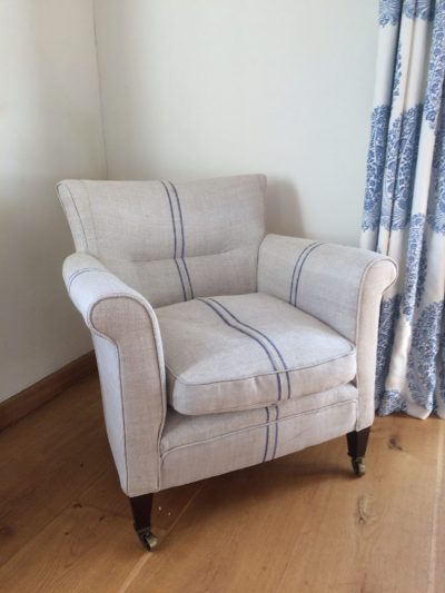 Re-upholstered chair covered in grain sack cloth - Willow Interiors ...